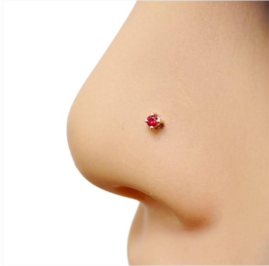 18ct Rose Gold & Natural Ruby Nose Stud / Nose Pin 0.02 Carats 4-claw 2 ...