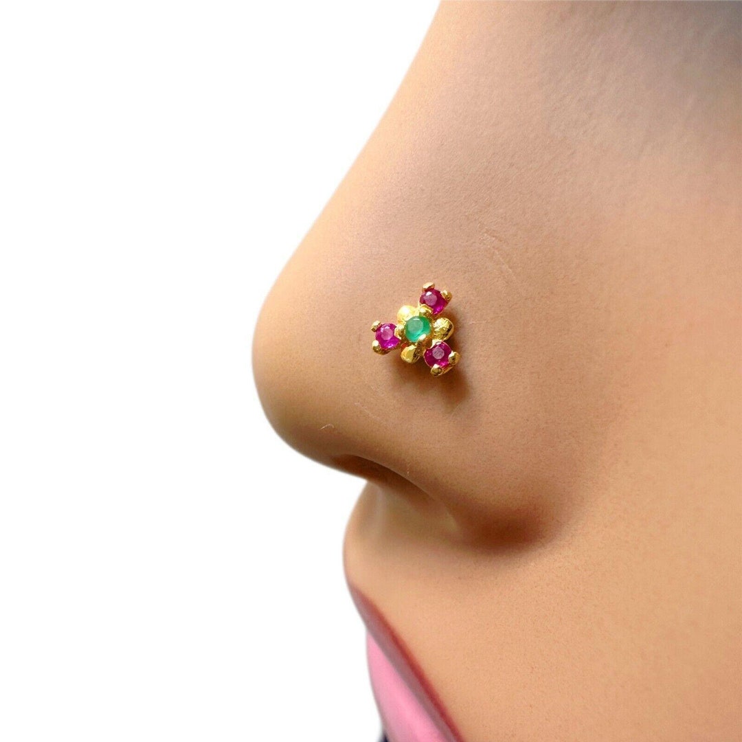 22ct Yellow Gold Three Stone Ruby & Emerald Nose Stud/nose Pin/nose ...