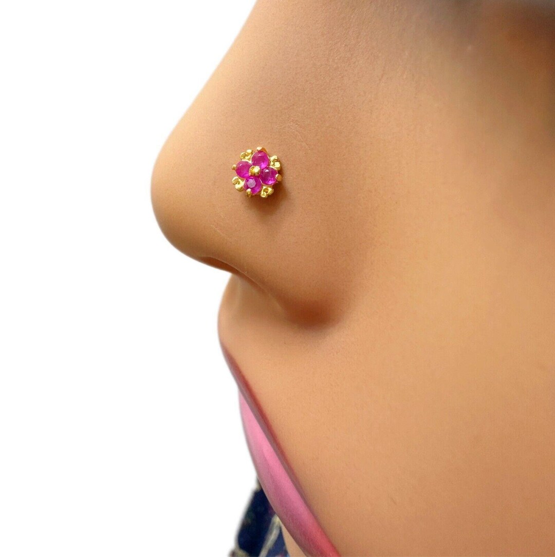 22ct Yellow Gold Three Stone Ruby & Emerald Nose Stud/nose Pin/nose ...