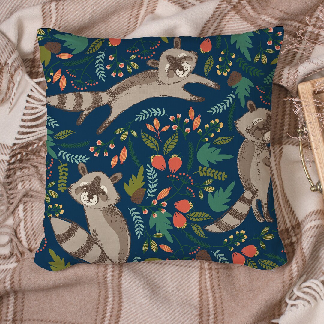 Racoon Animal Flowers Leaves - Cushion / Pillow Cover / Panel / Fabric ...