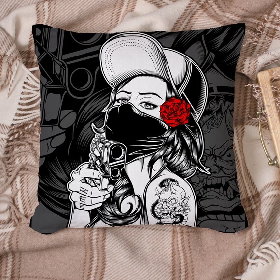 Gangster Girl Gun Bandana Tattoo Style Illustration Cushion - Etsy