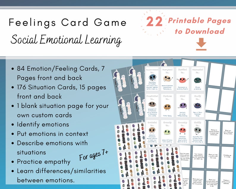 Emotions Card Game Printable Feelings Game for Kids Social | Etsy