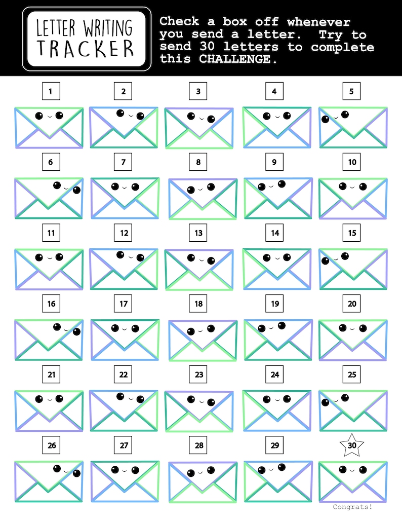 Letter Writing Tracker - Writing Challenge - 30 Letter Challenge - Etsy