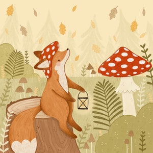 Mushroom Fox Print - Etsy