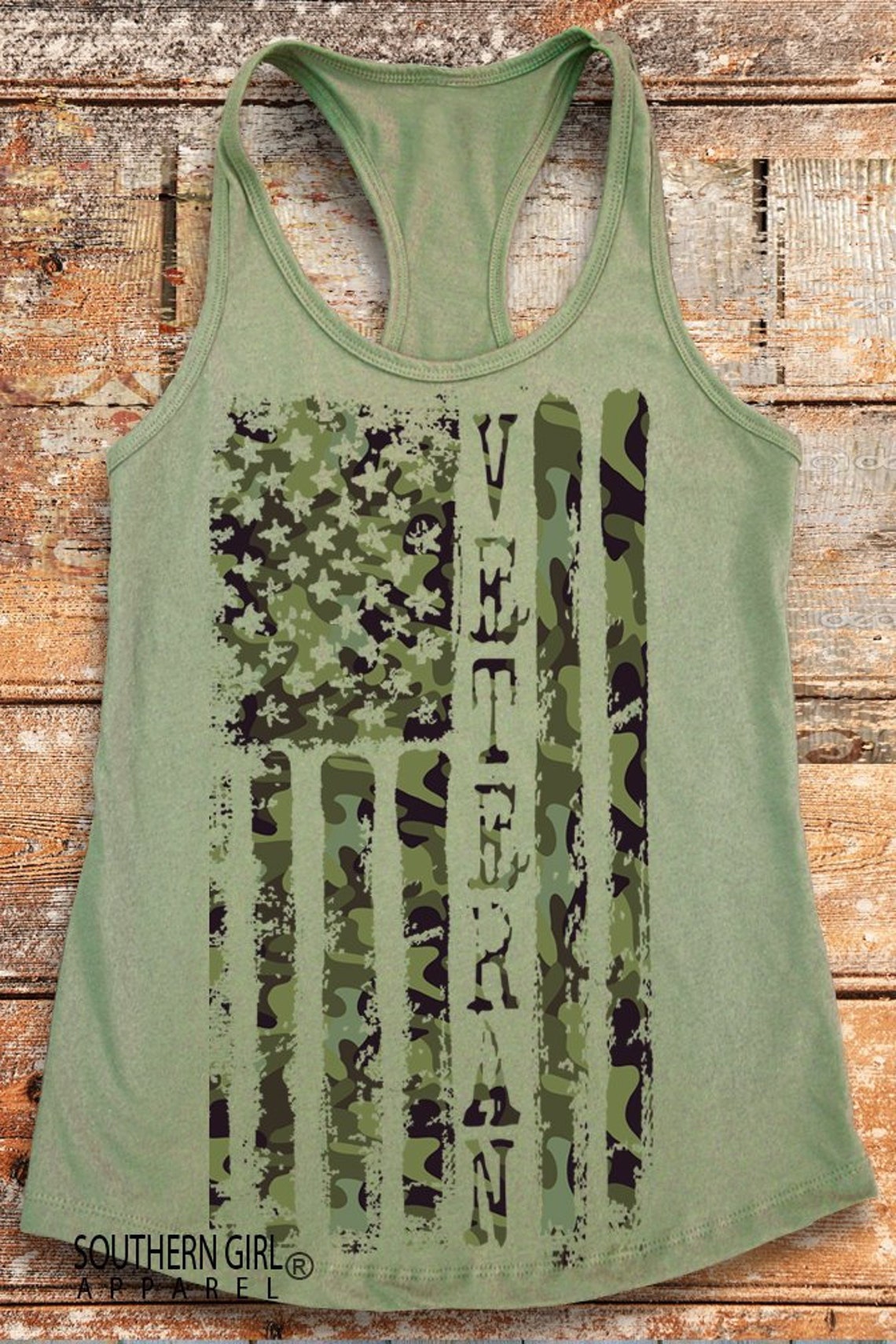Veteran Military Green Tank Top With Camo America Flag Etsy