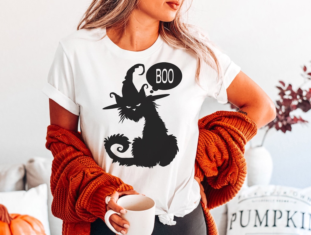 Boo Halloween T-shirt. Black Cat Halloween Shirt. Halloween - Etsy