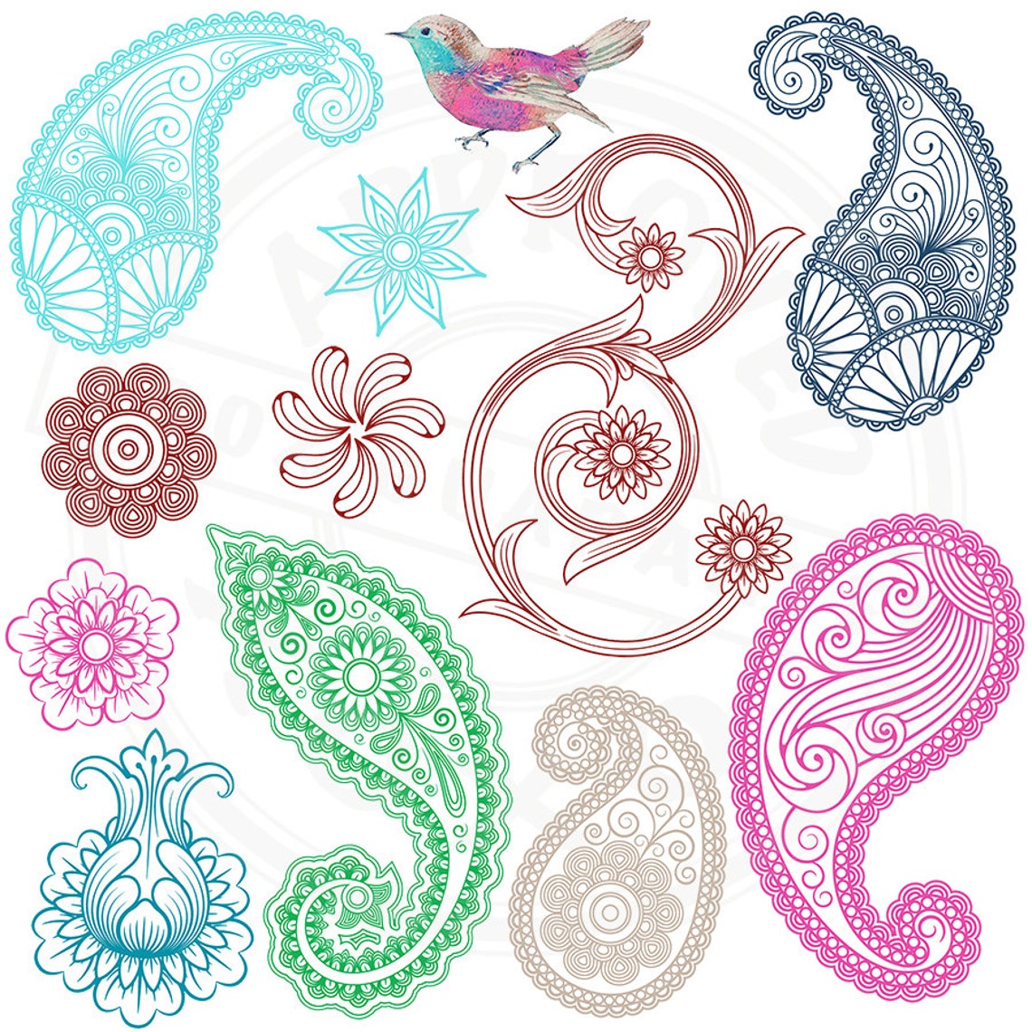 Paisley Birds Clipart Welsh Pears Clip Art Boteh Buta Turquoise Peach ...