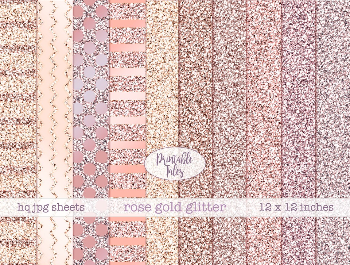 Rose Gold Glitter Digital Papers, Shiny Blush Pink Metallic Page, Glam ...