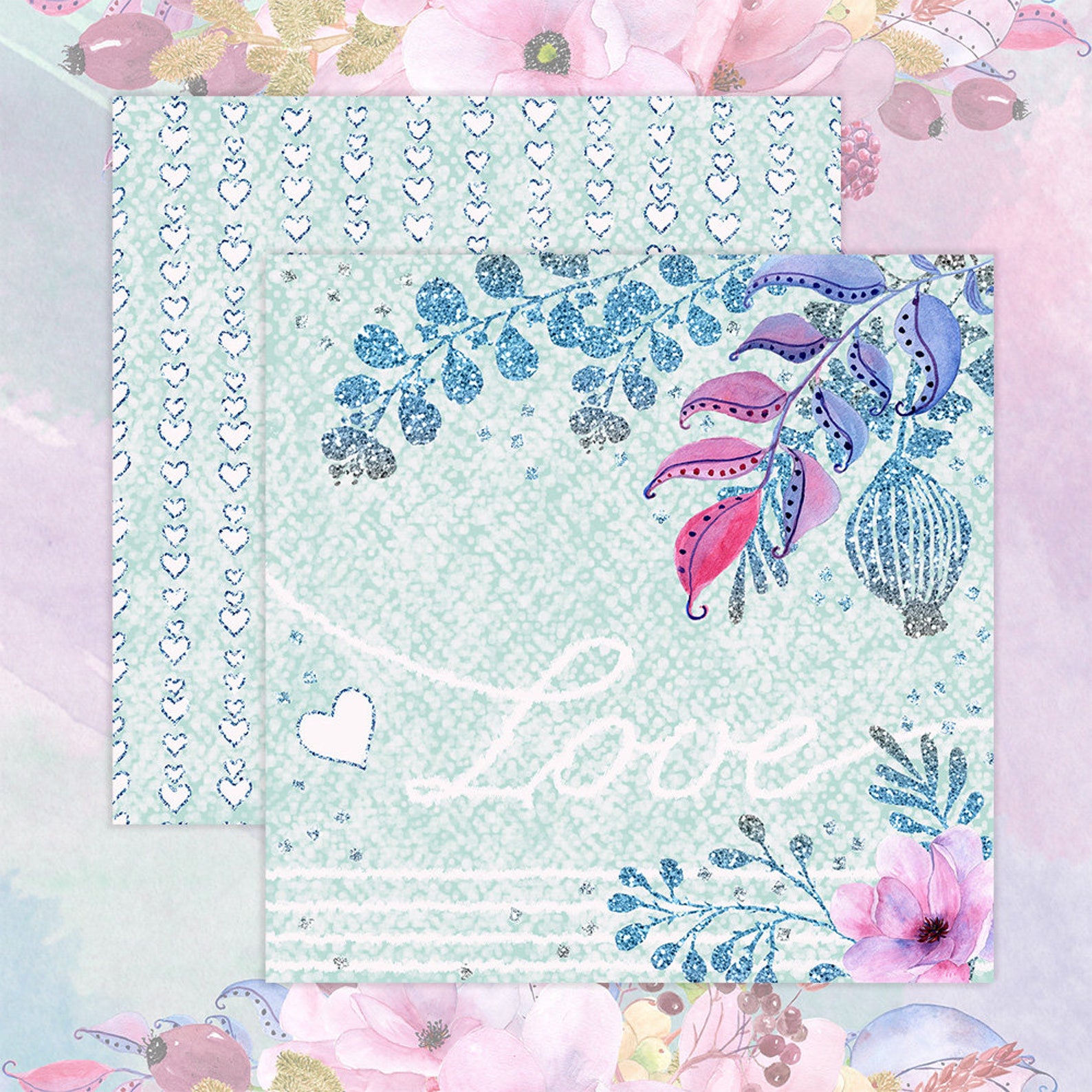 Watercolor Flowers Digital Papers, Floral Premade Pages, Blue Glitter ...