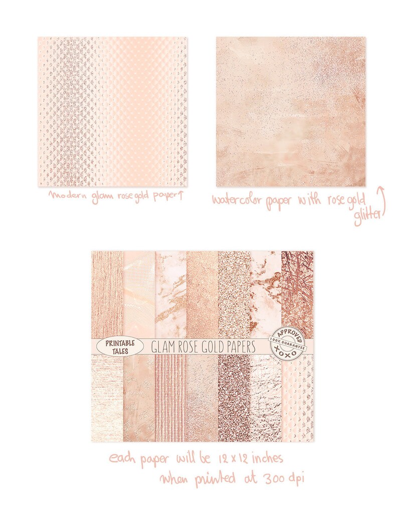 Rose Gold Digital Papers, Metallic Page, Glam Watercolor Download ...