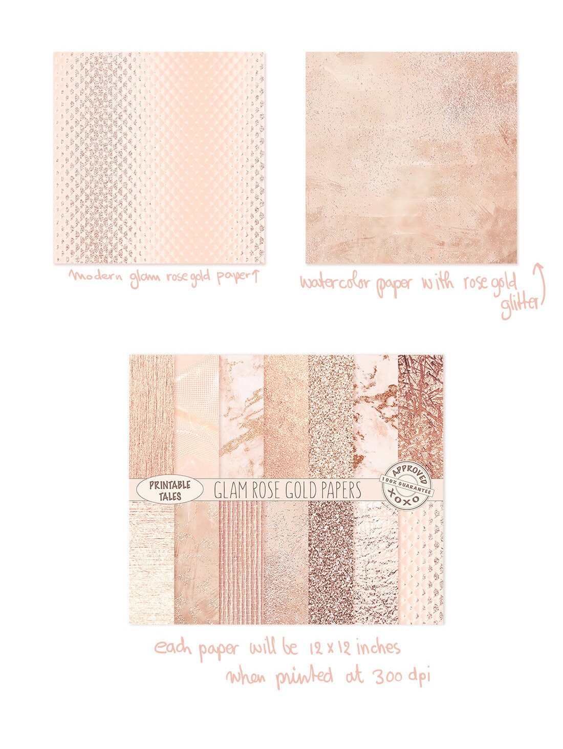Rose Gold Digital Papers, Metallic Page, Glam Watercolor Download ...