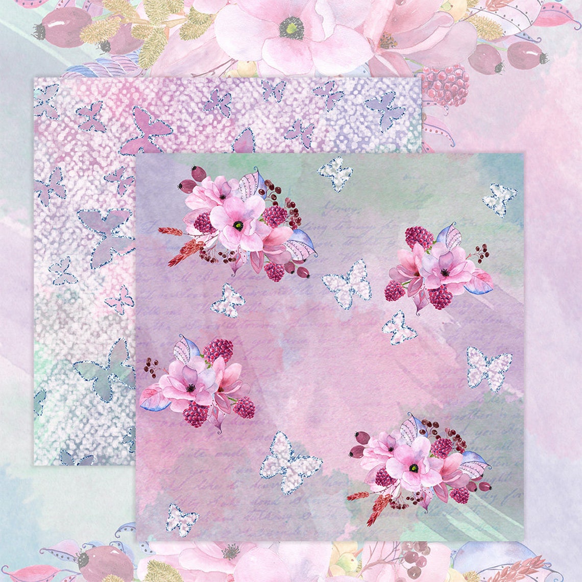 Watercolor Flowers Digital Papers Floral Premade Pages Blue - Etsy