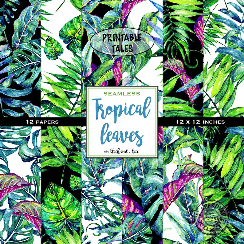 Tropical Leaves Seamless Papers, Digital Paper, Tileable Watercolor ...