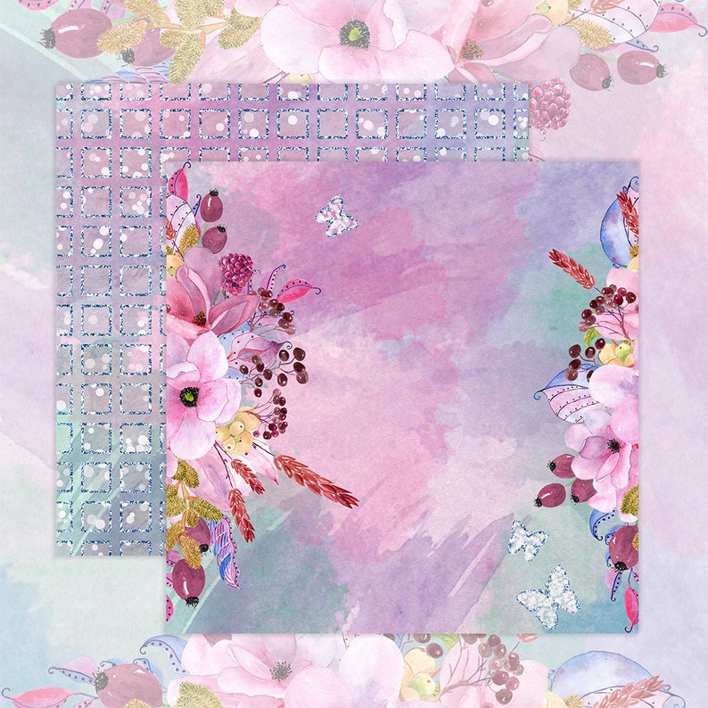 Watercolor Flowers Digital Papers, Floral Premade Pages, Blue Glitter ...