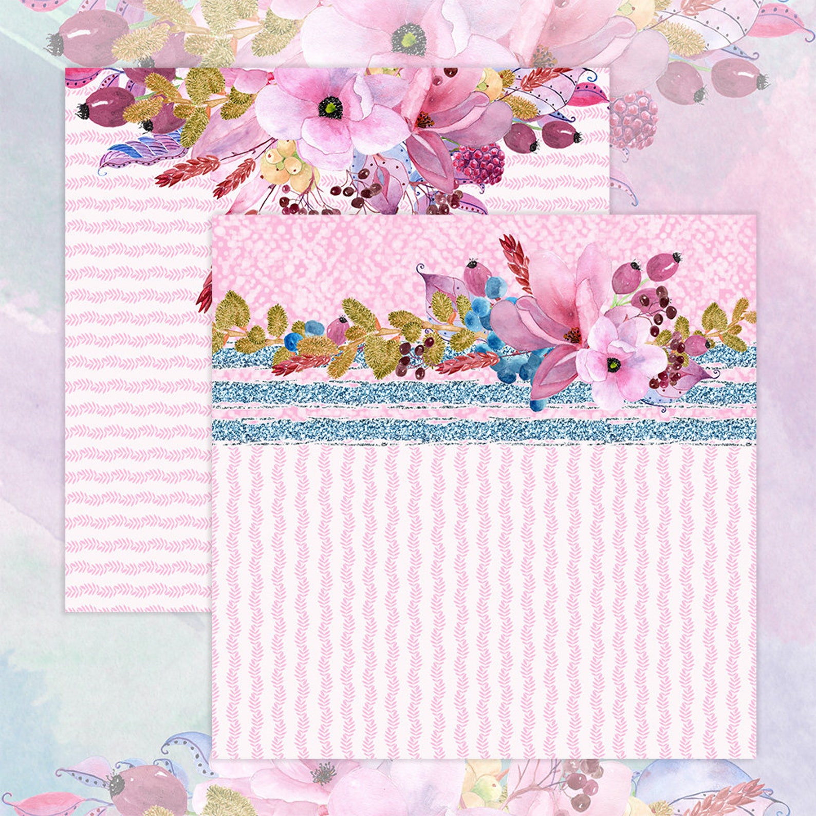 Watercolor Flowers Digital Papers Floral Premade Pages Blue - Etsy