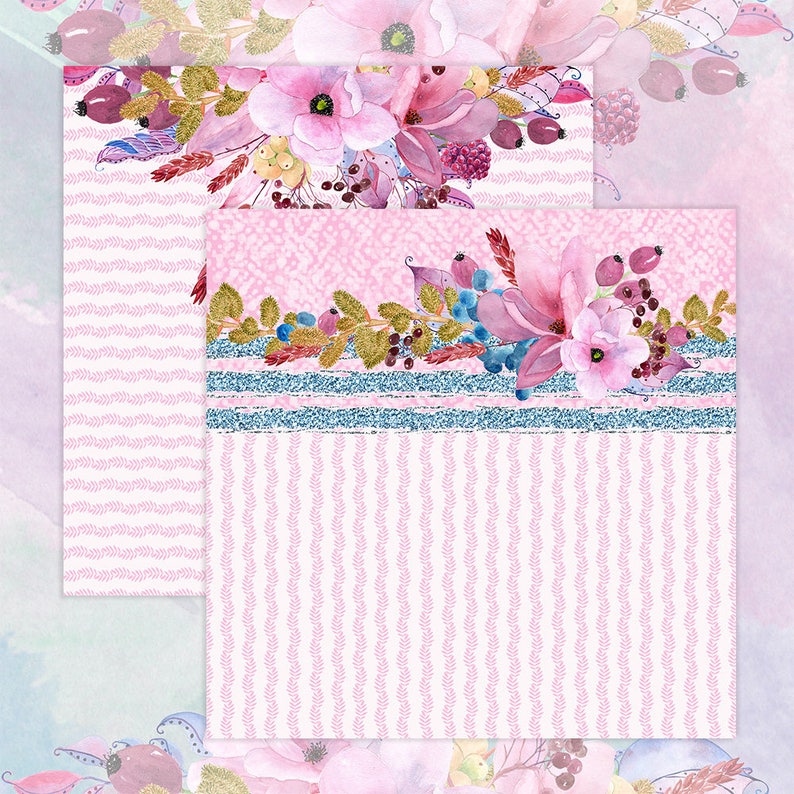 Watercolor Flowers Digital Papers, Floral Premade Pages, Blue Glitter ...