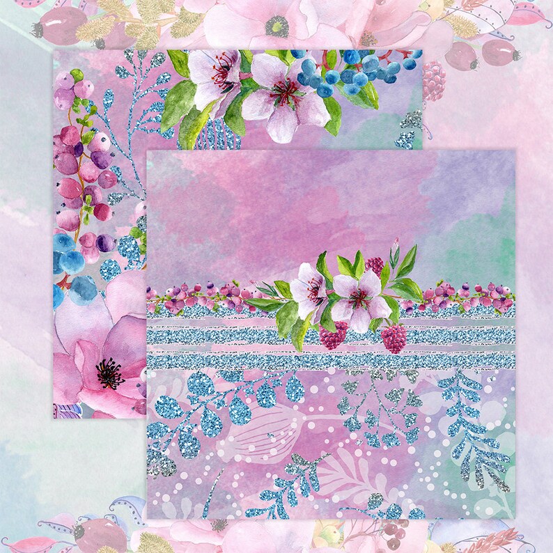 Watercolor Flowers Digital Papers, Floral Premade Pages, Blue Glitter ...