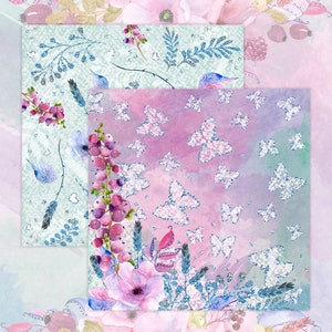 Watercolor Flowers Digital Papers, Floral Premade Pages, Blue Glitter ...
