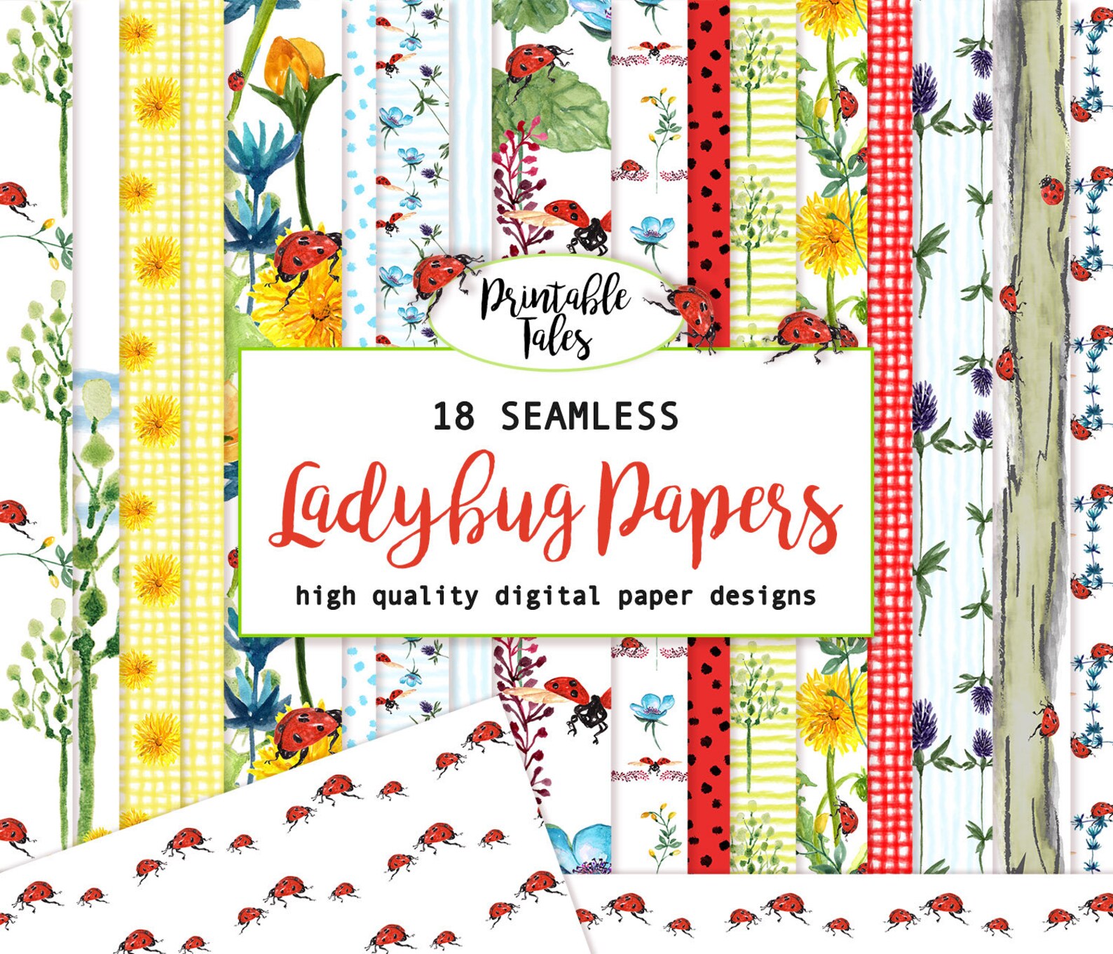 Watercolor Floral Ladybug Digital Paper Seamless Tileable Design ...