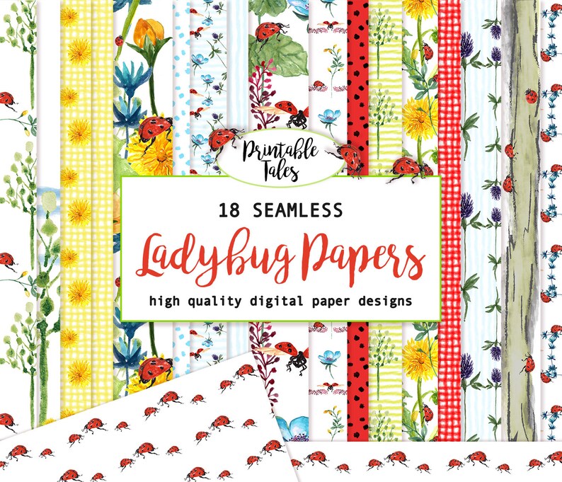 Watercolor Floral Ladybug Digital Paper - Seamless - Tileable Design ...