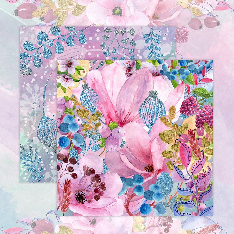 Watercolor Flowers Digital Papers, Floral Premade Pages, Blue Glitter ...