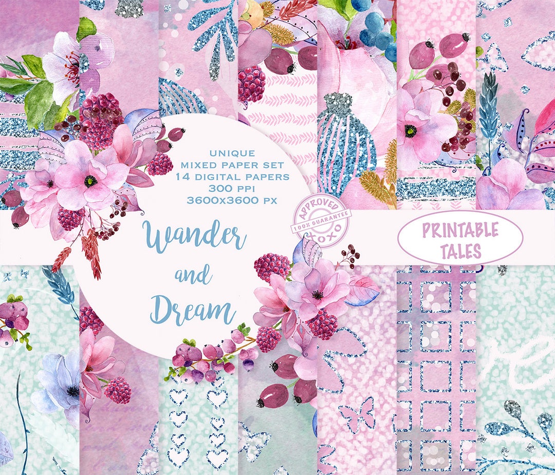 Watercolor Flowers Digital Papers, Floral Premade Pages, Blue Glitter ...