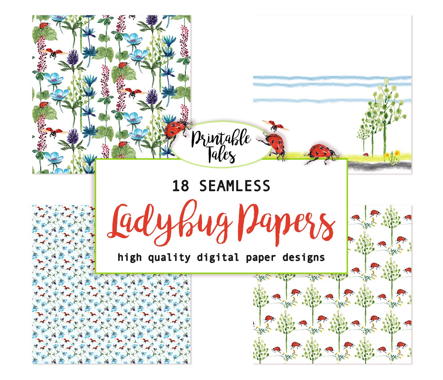 Watercolor Floral Ladybug Digital Paper Seamless Tileable Design ...