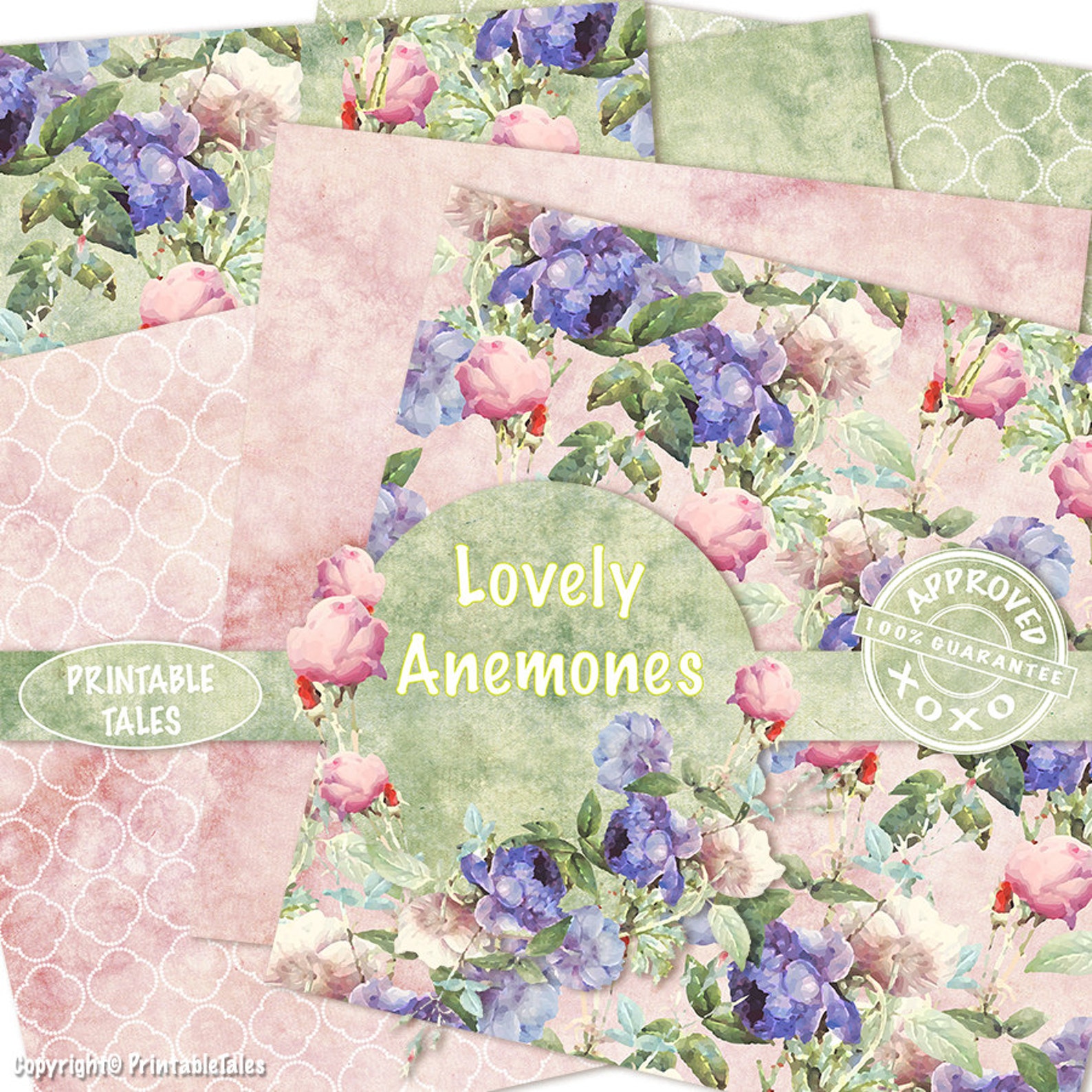 Floral Digital Papers, Flowers Scrapbook Paper, Anemone, Dots ...