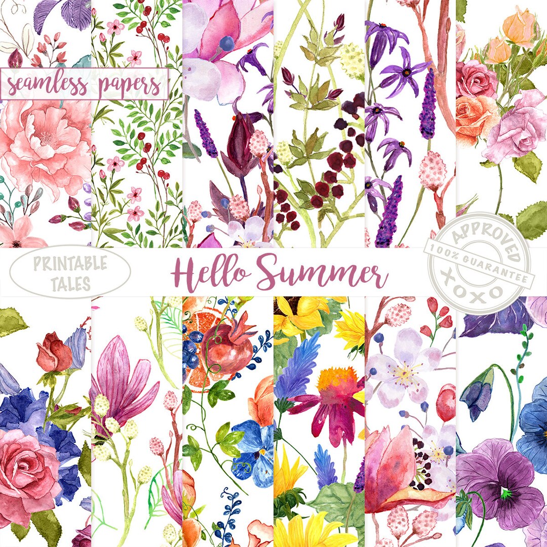 Summer Floral Watercolor Digital Paper, Seamless Flower Papers ...