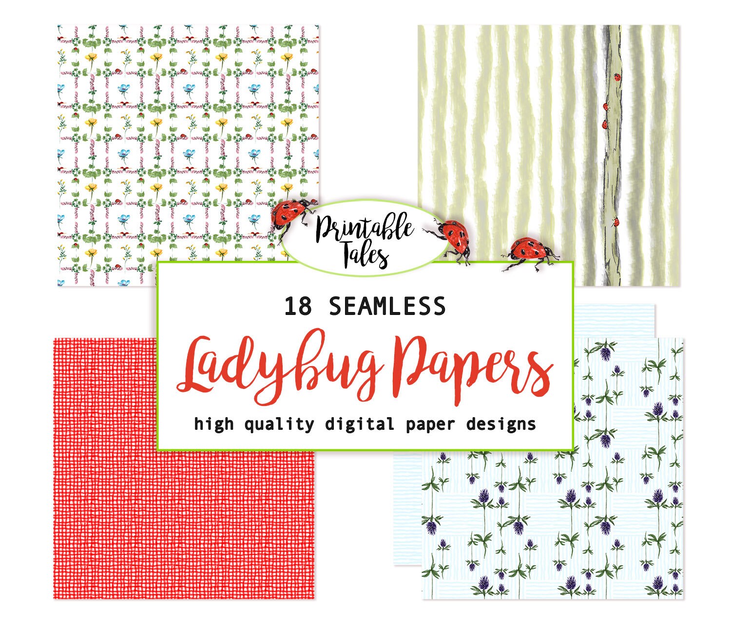 Watercolor Floral Ladybug Digital Paper Seamless Tileable Design ...