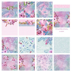 Watercolor Flowers Digital Papers, Floral Premade Pages, Blue Glitter ...