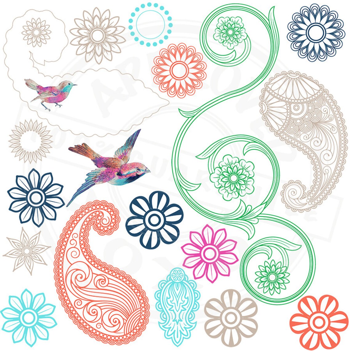 Paisley Birds Clipart Welsh Pears Clip Art Boteh Buta Turquoise Peach ...
