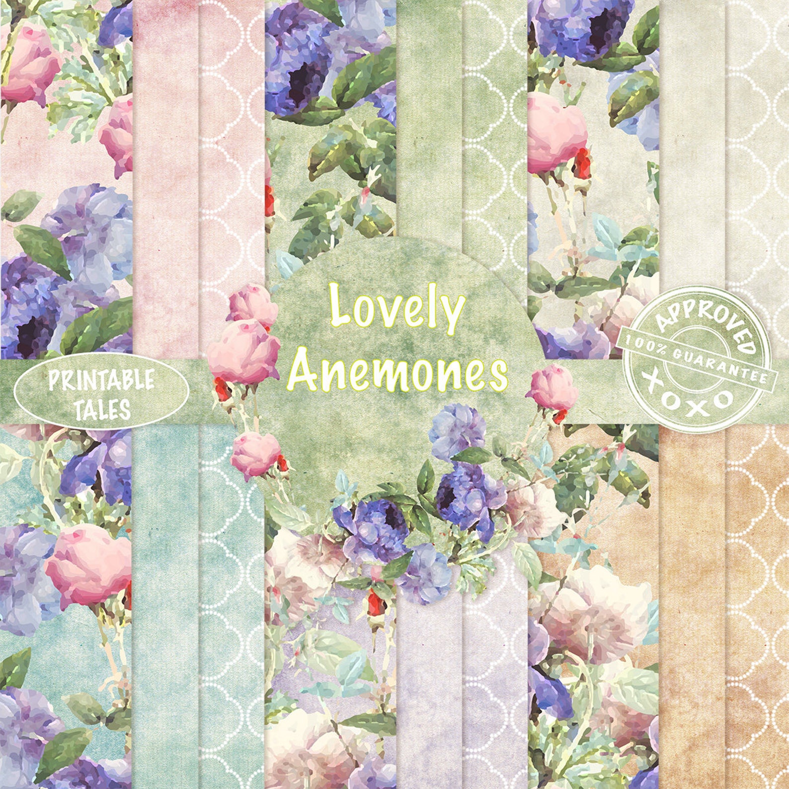 Floral Digital Papers, Flowers Scrapbook Paper, Anemone, Dots ...