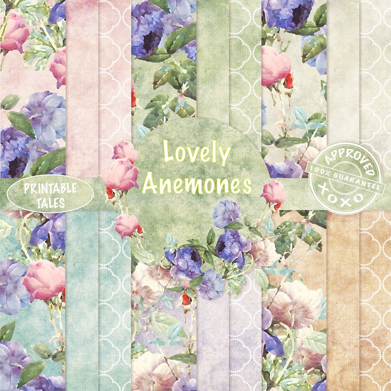 Floral Digital Papers, Flowers Scrapbook Paper, Anemone, Dots ...
