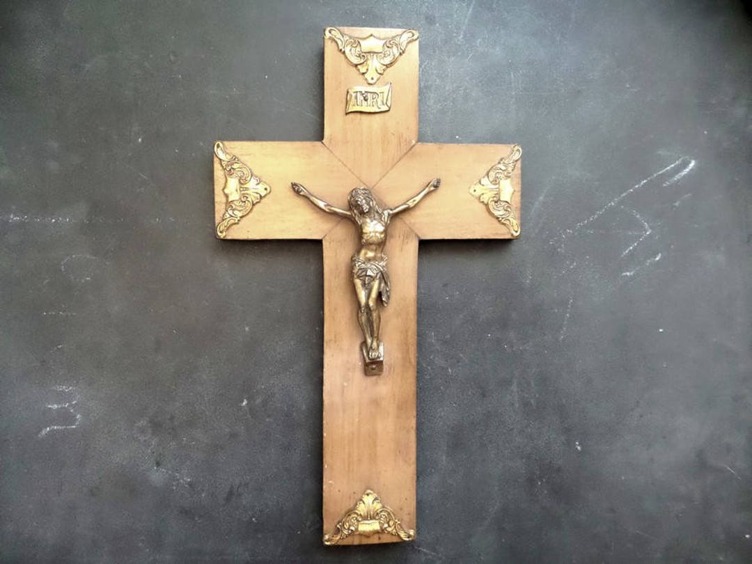 Large 1950s Wall Crucifix, Jesus Christ on the Cross, Brass and Wood ...