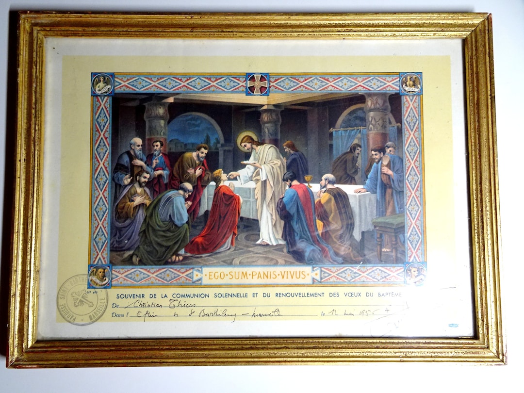 1955 Antique French First Communion Souvenir. French Framed Under Glass ...