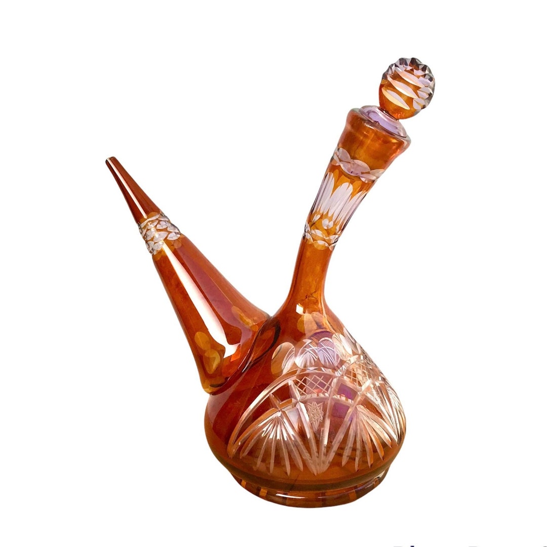 Vintage Bohemian Cut Glass Porron Wine Liqueur Decanter Pouring Bottle ...