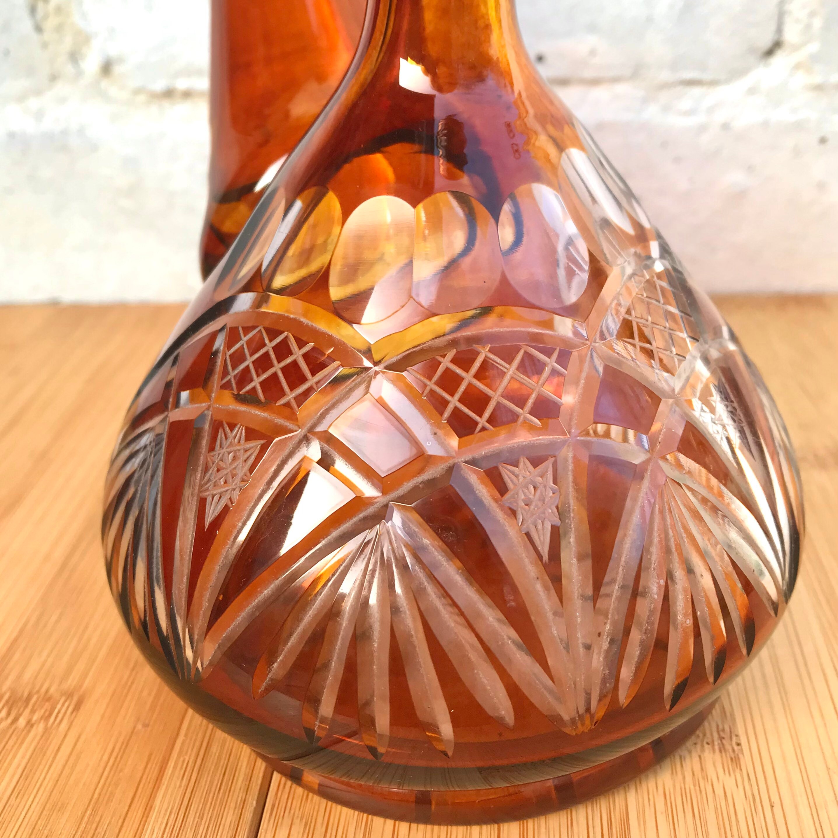 Vintage Bohemian Cut Glass Porron Wine Liqueur Decanter Pouring Bottle ...