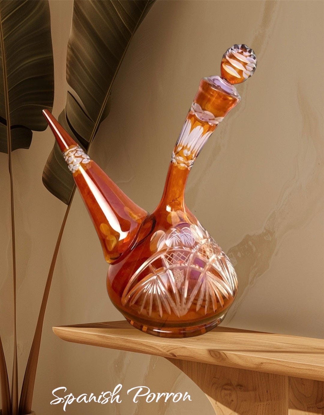 Vintage Bohemian Cut Glass Porron Wine Liqueur Decanter Pouring Bottle ...
