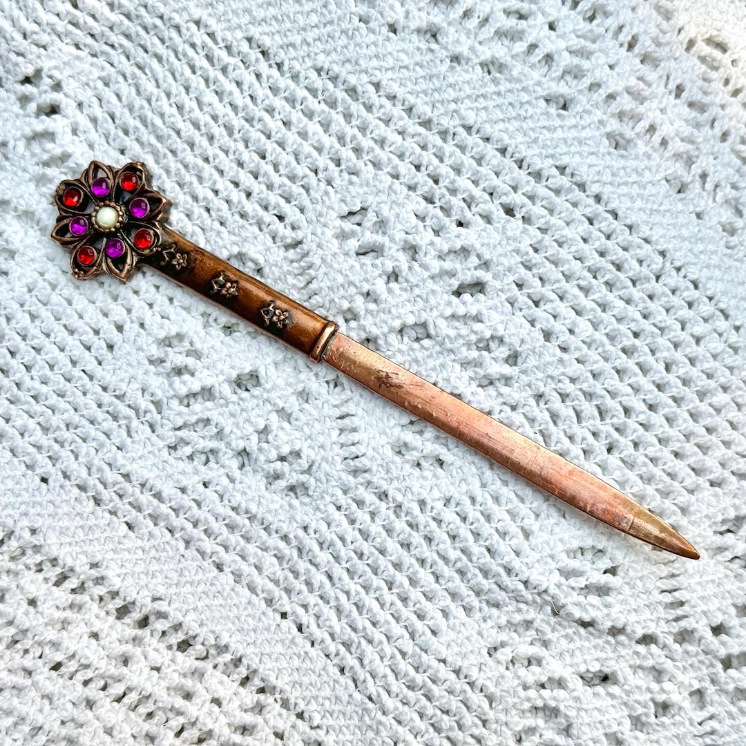 Copper Letter Opener. Embossed Floral Pattern Handle. Flower Shape Top ...