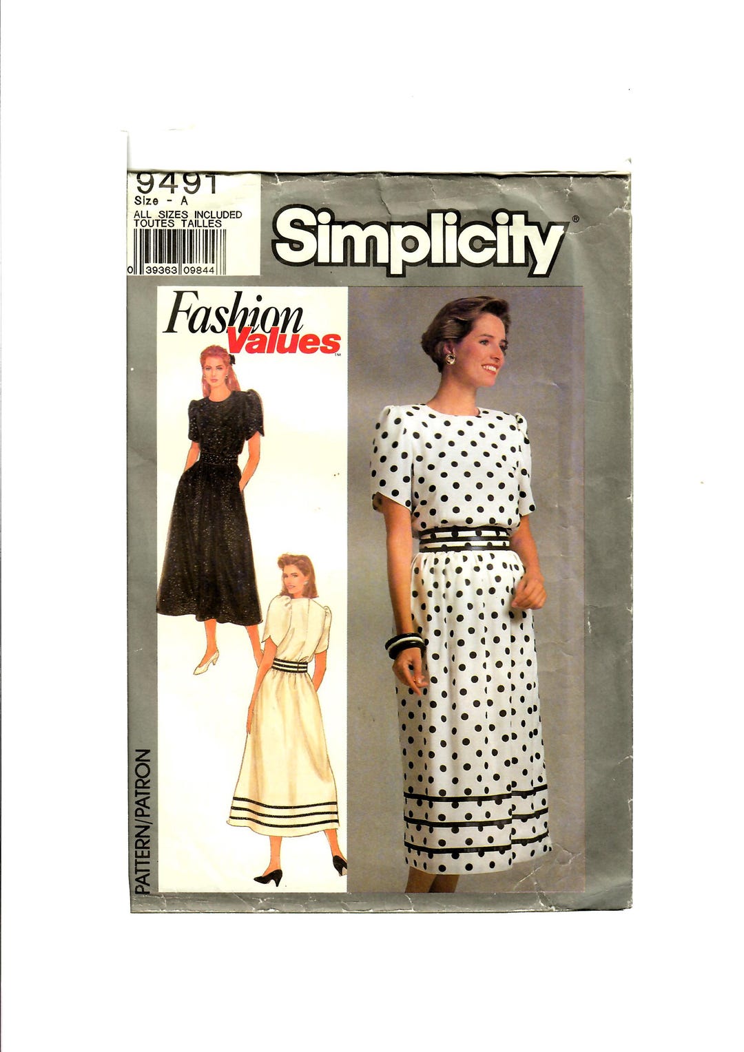 Simplicity 9491 Sewing Pattern Vintage 1989 Misses Short Sleeve DRESS ...