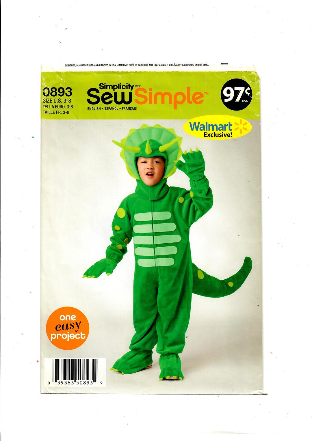 S0893 Sewing Pattern Easy Sew Dinosaur Size 3-8 Kids Costumes Pattern ...