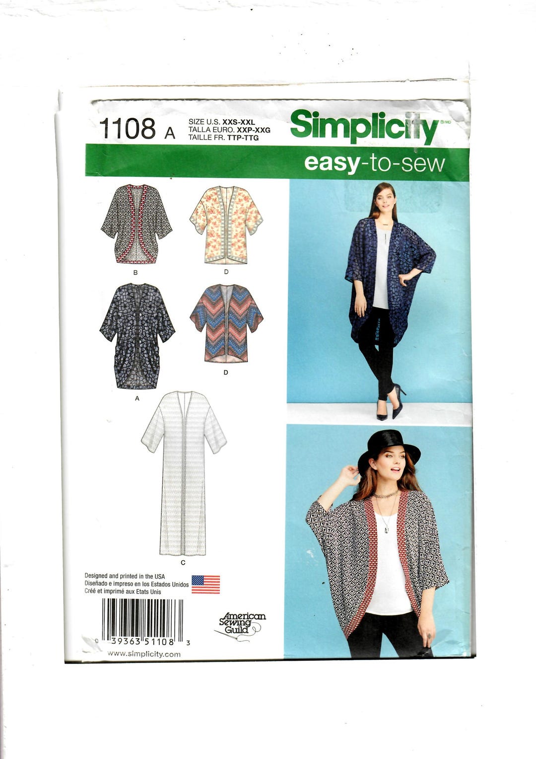 Simplicity 1108 Sewing Pattern Misses KIMONO Style Tops Sizes Size XXS ...