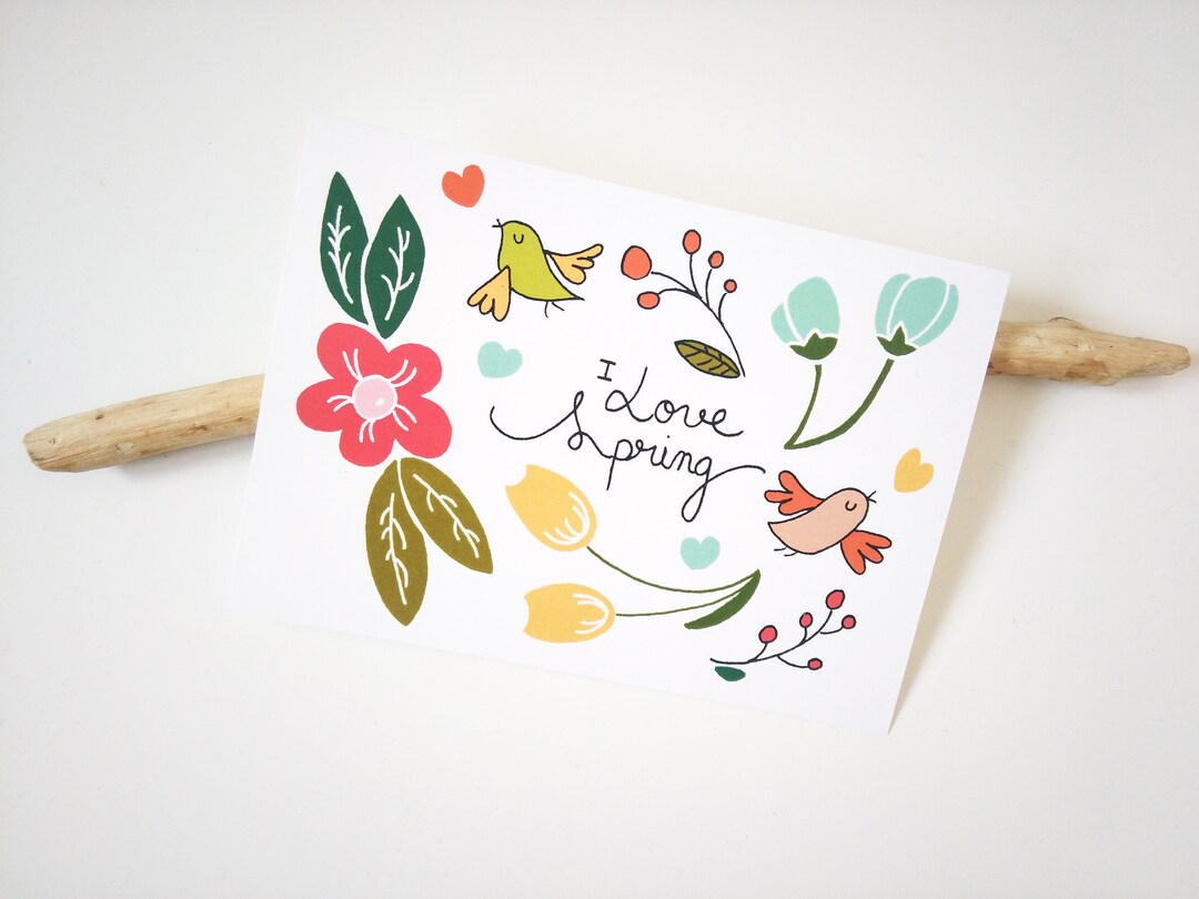 Postcard I Love Spring Illustration Artprint Spring Birds - Etsy