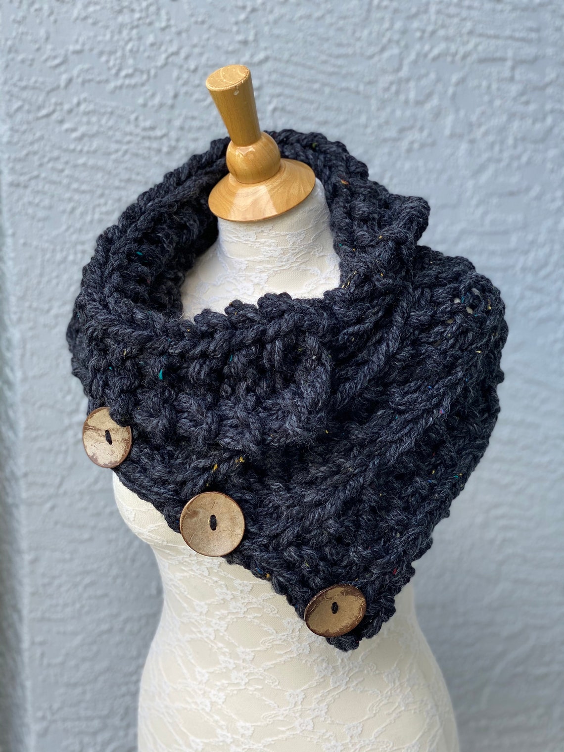 Hand Knitted Cowl Scarf Neck Warmer 3 Button Shoulder Wrap | Etsy