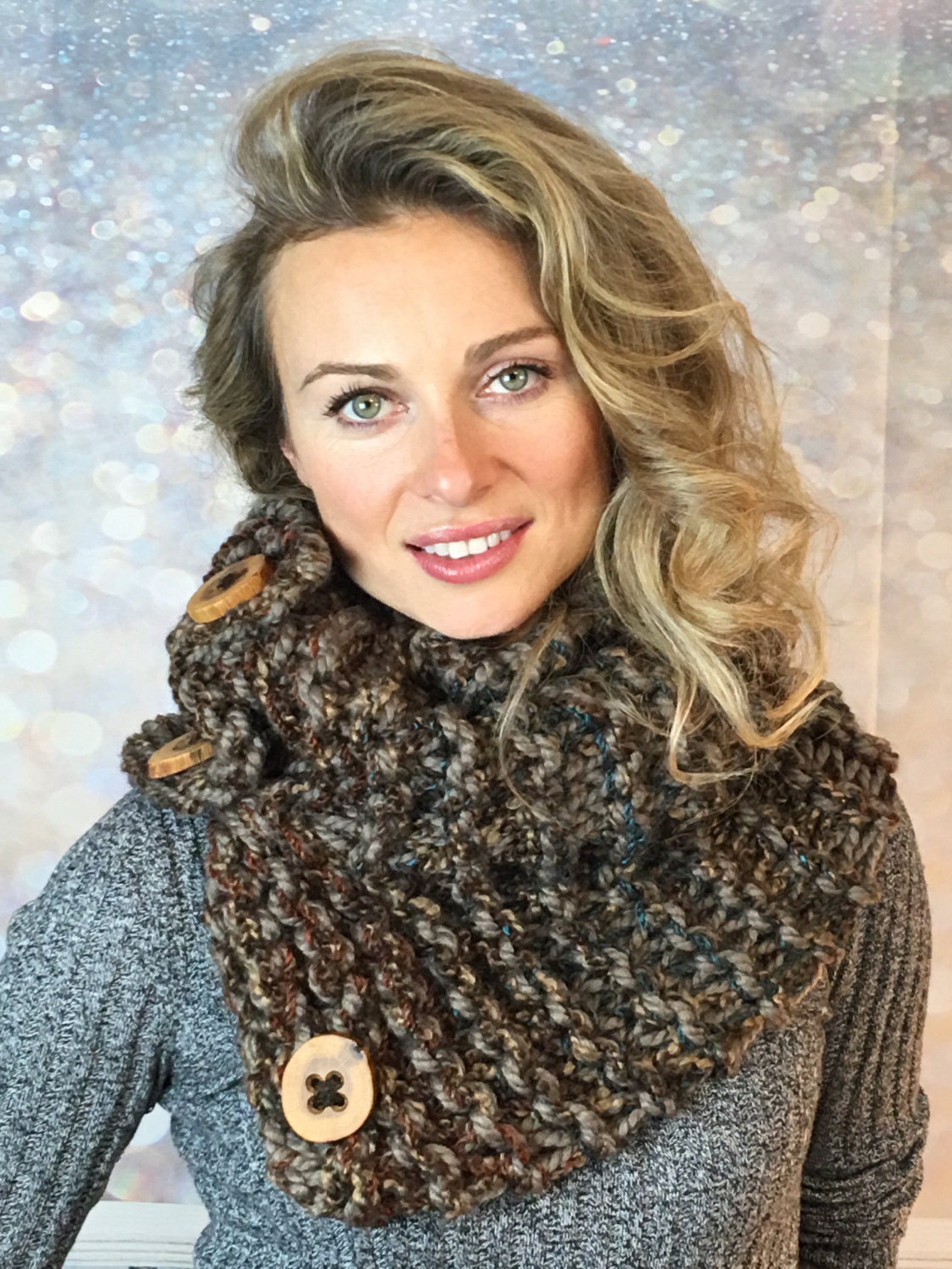 Scarf With Buttons Hand Knit Stay Put Scarf Collar in Brown - Etsy