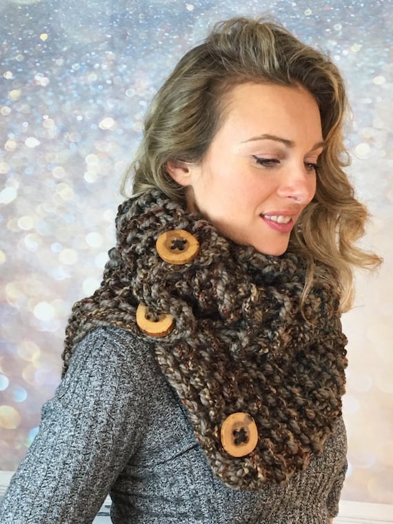 Scarf With Buttons Hand Knit Stay Put Scarf Collar in Brown - Etsy