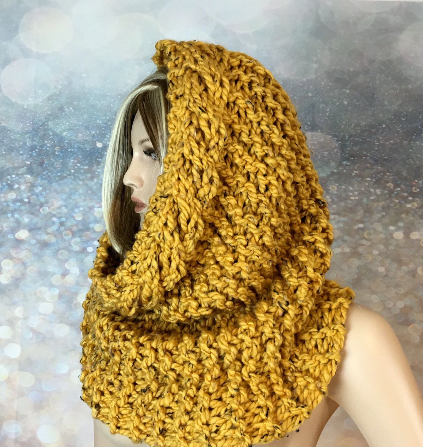 Hooded Cowl Snood in Yellow Tweed Hand Knitted Hoodie Pixie - Etsy