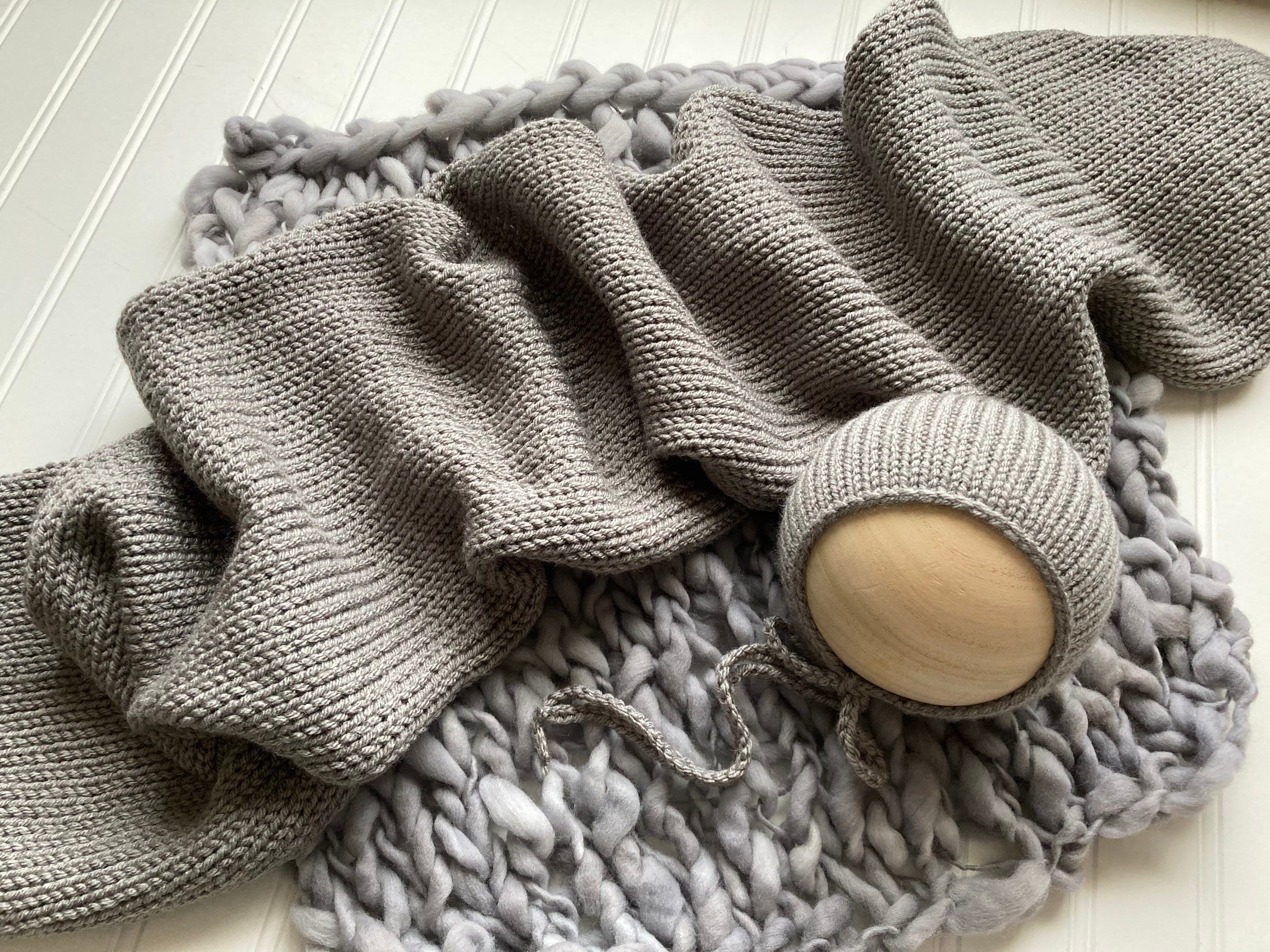 Grey Gray Knit Bonnet Wrap Set thick thin Storm Merino Wool | Etsy