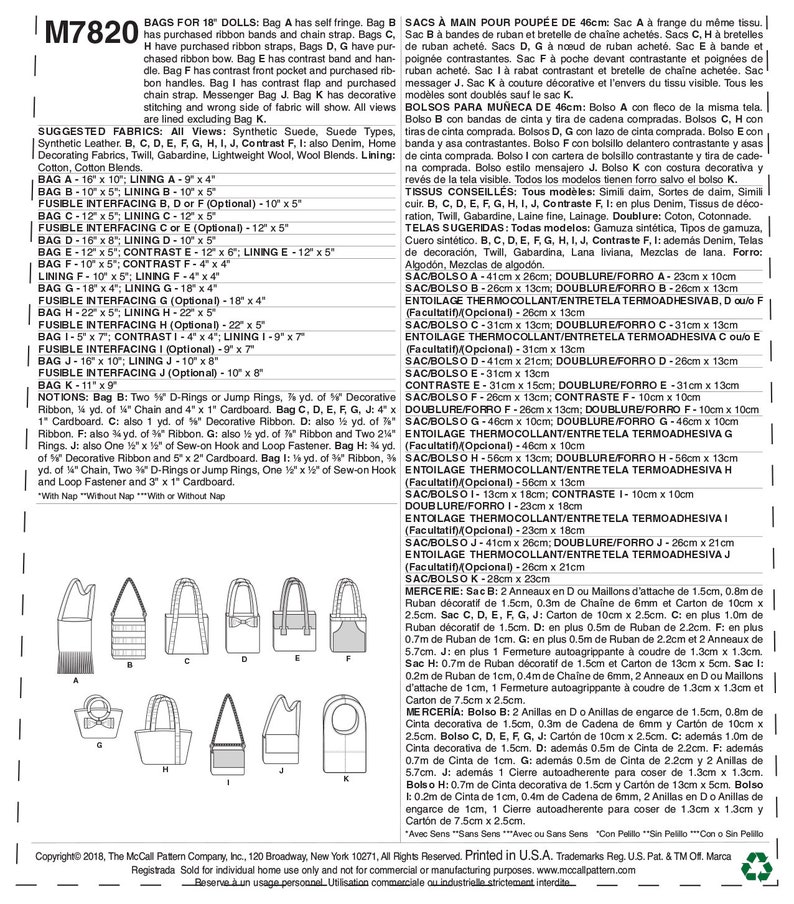 Mccall's Sewing Pattern M7820 Bags for 18 Dolls - Etsy